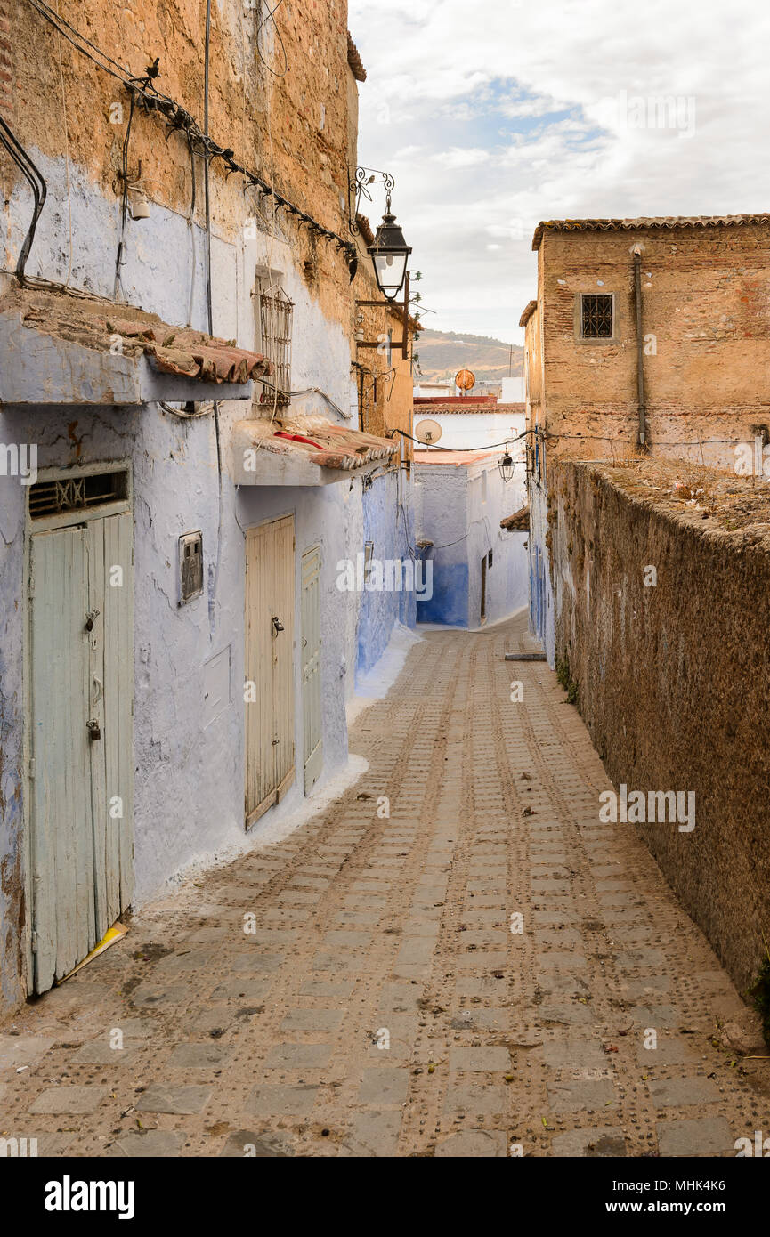 Blue painted walls of the houses in Chefchaouen, small town in ...