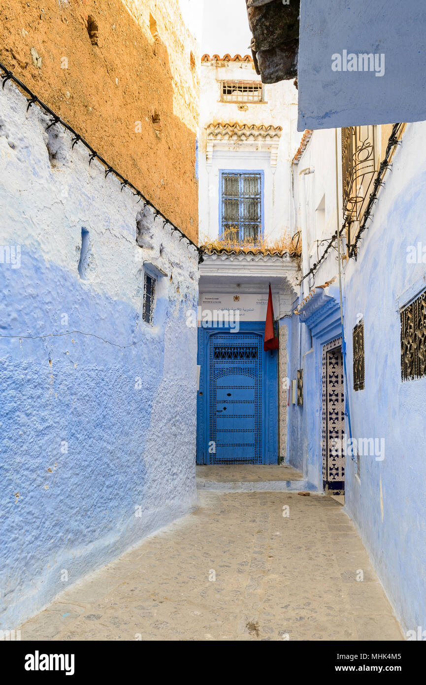 Blue painted walls of the houses in Chefchaouen, small town in ...