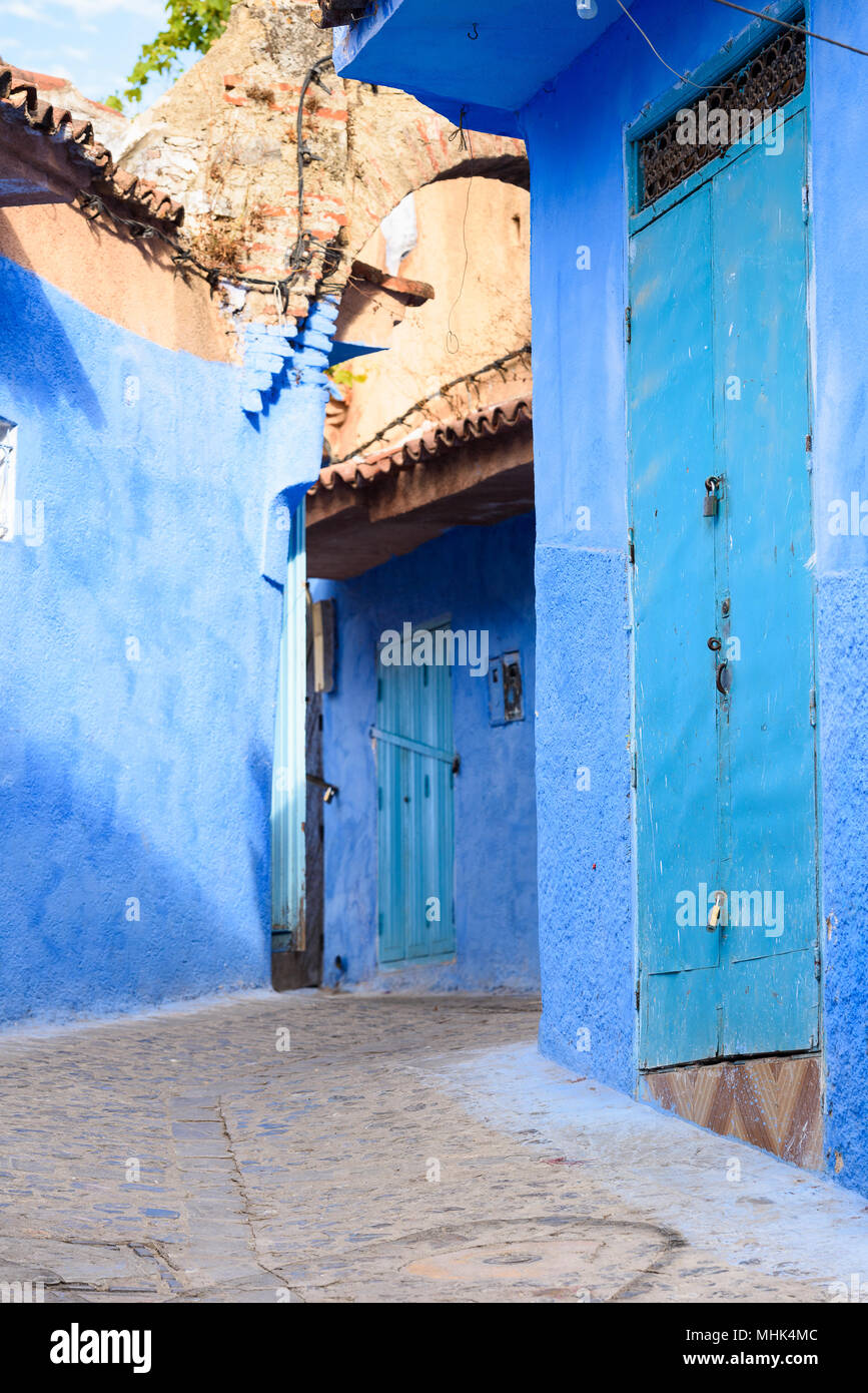 Blue painted walls of the houses in Chefchaouen, small town in ...