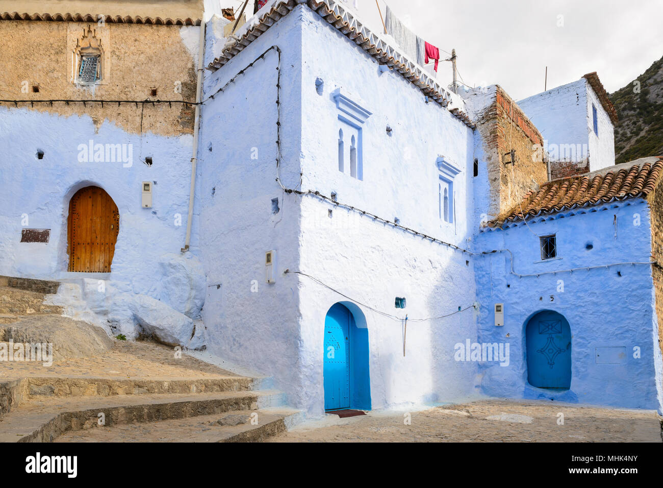 Blue painted walls of the houses in Chefchaouen, small town in ...