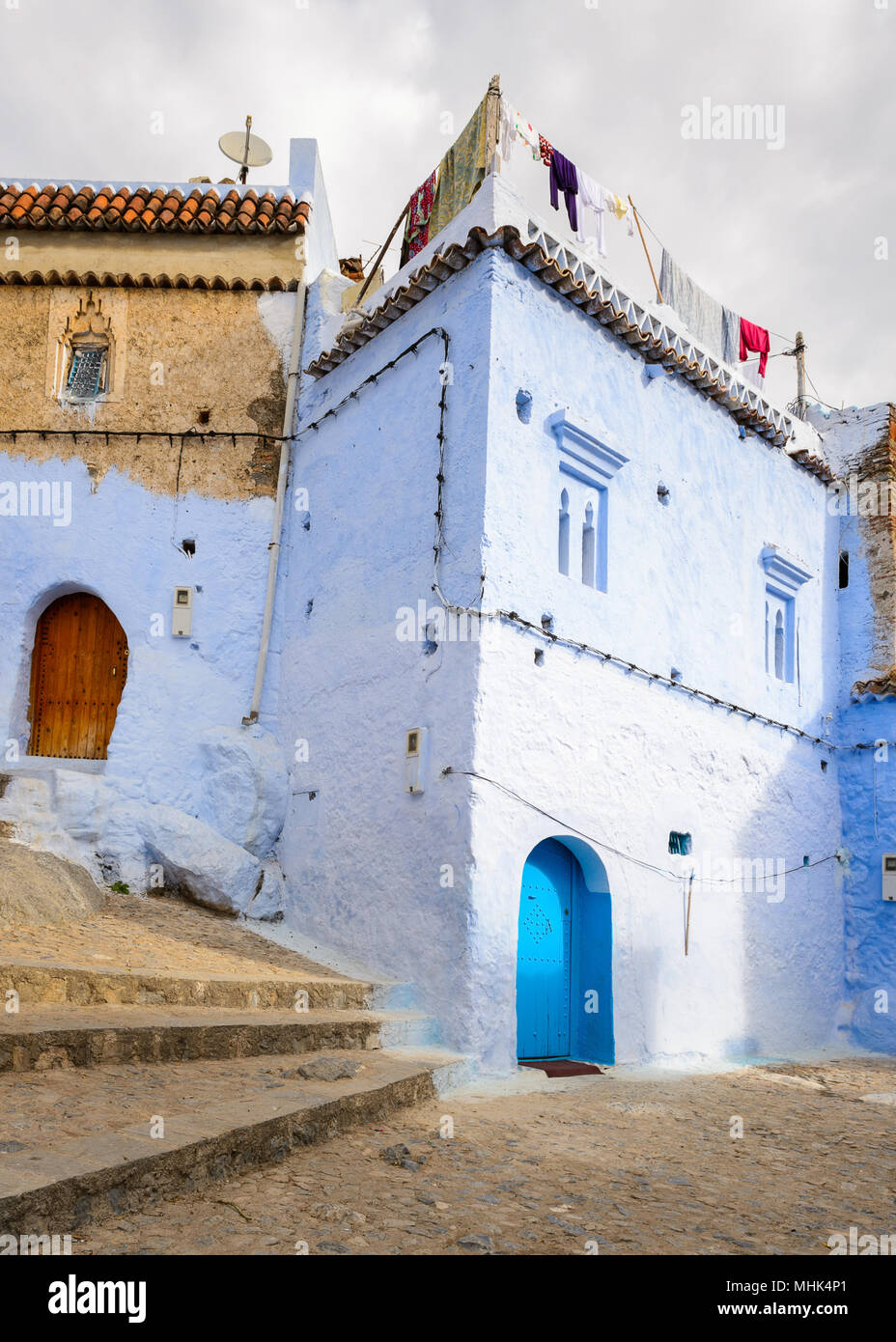 Blue painted walls of the houses in Chefchaouen, small town in ...