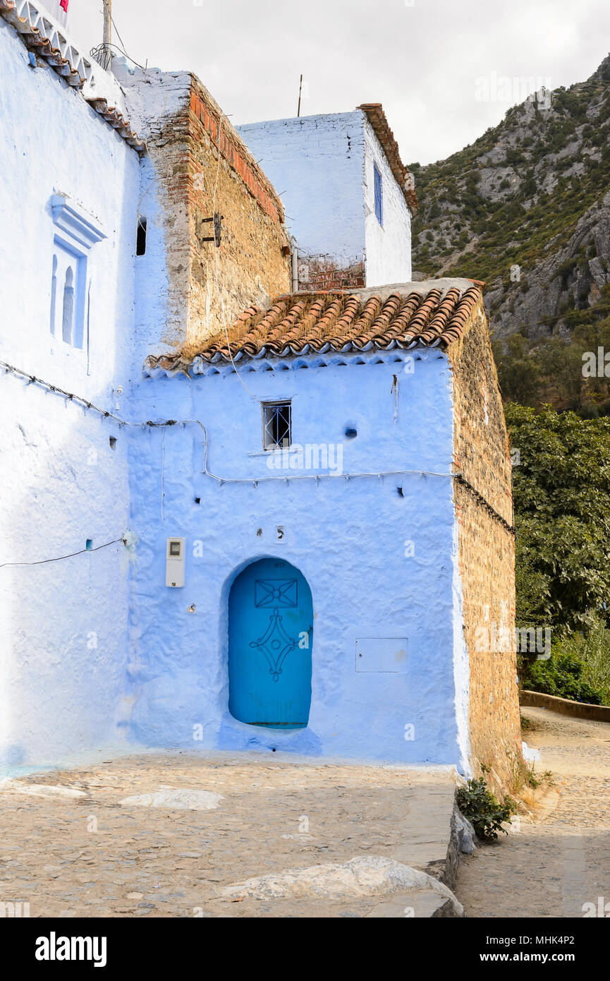 Blue painted walls of the houses in Chefchaouen, small town in ...