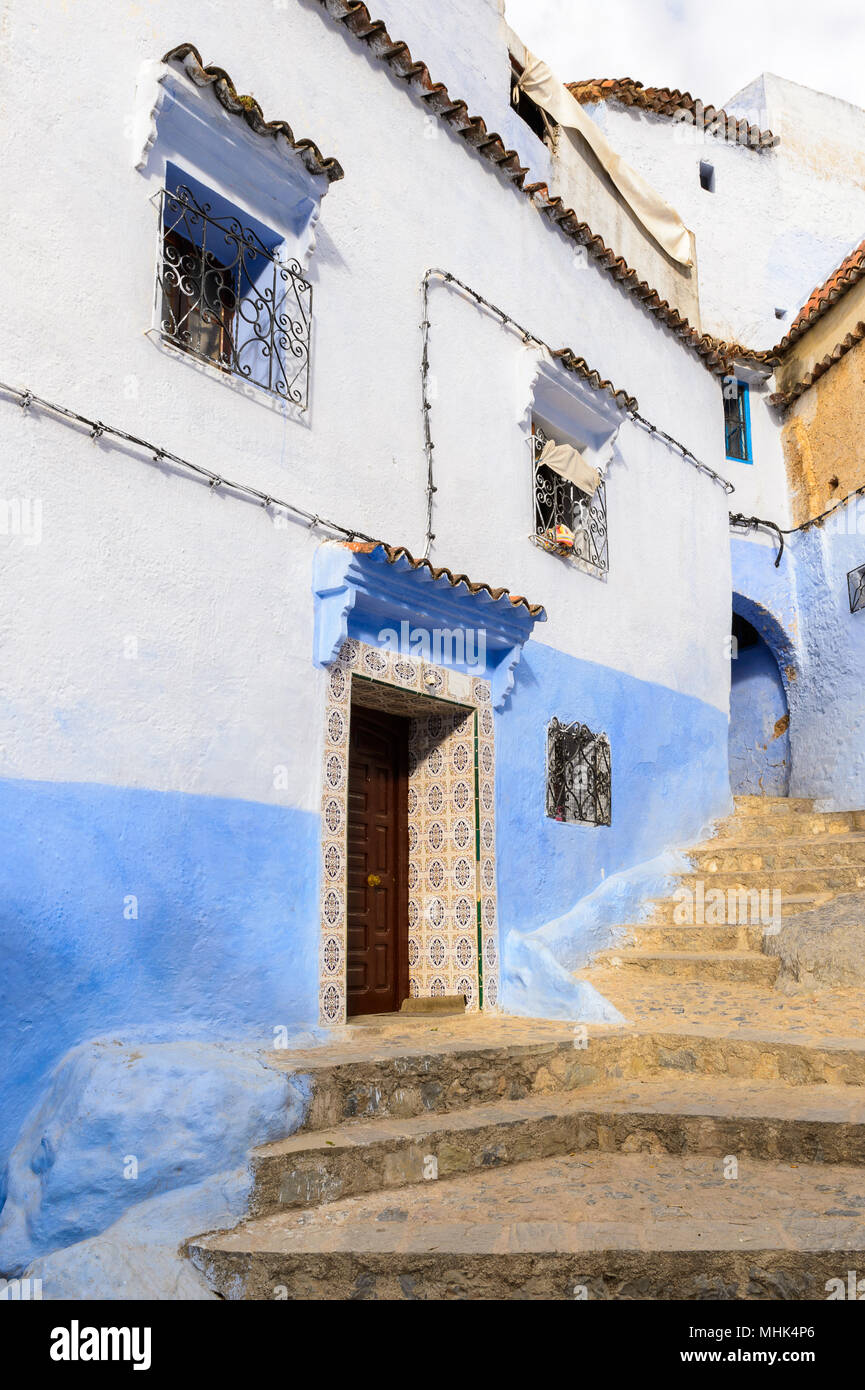 Blue painted walls of the houses in Chefchaouen, small town in ...