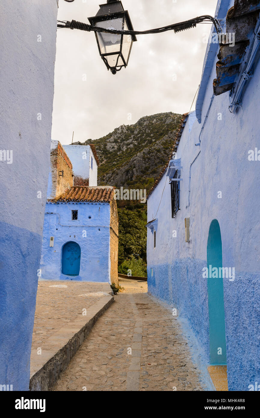 Blue painted walls of the houses in Chefchaouen, small town in ...