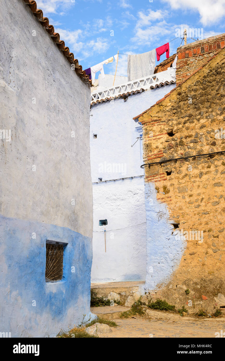 Blue painted walls of the houses in Chefchaouen, small town in ...