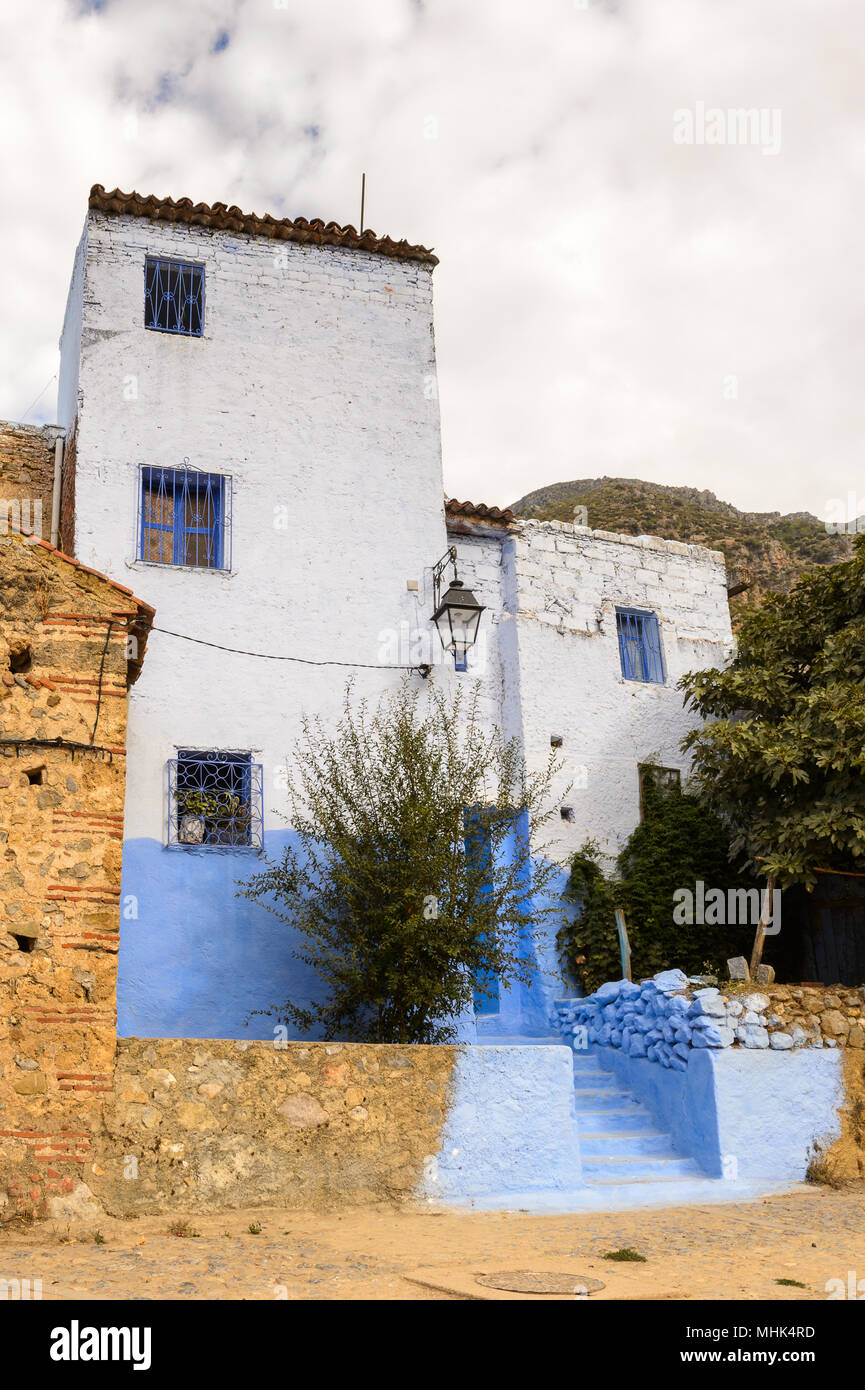 Blue painted walls of the houses in Chefchaouen, small town in ...