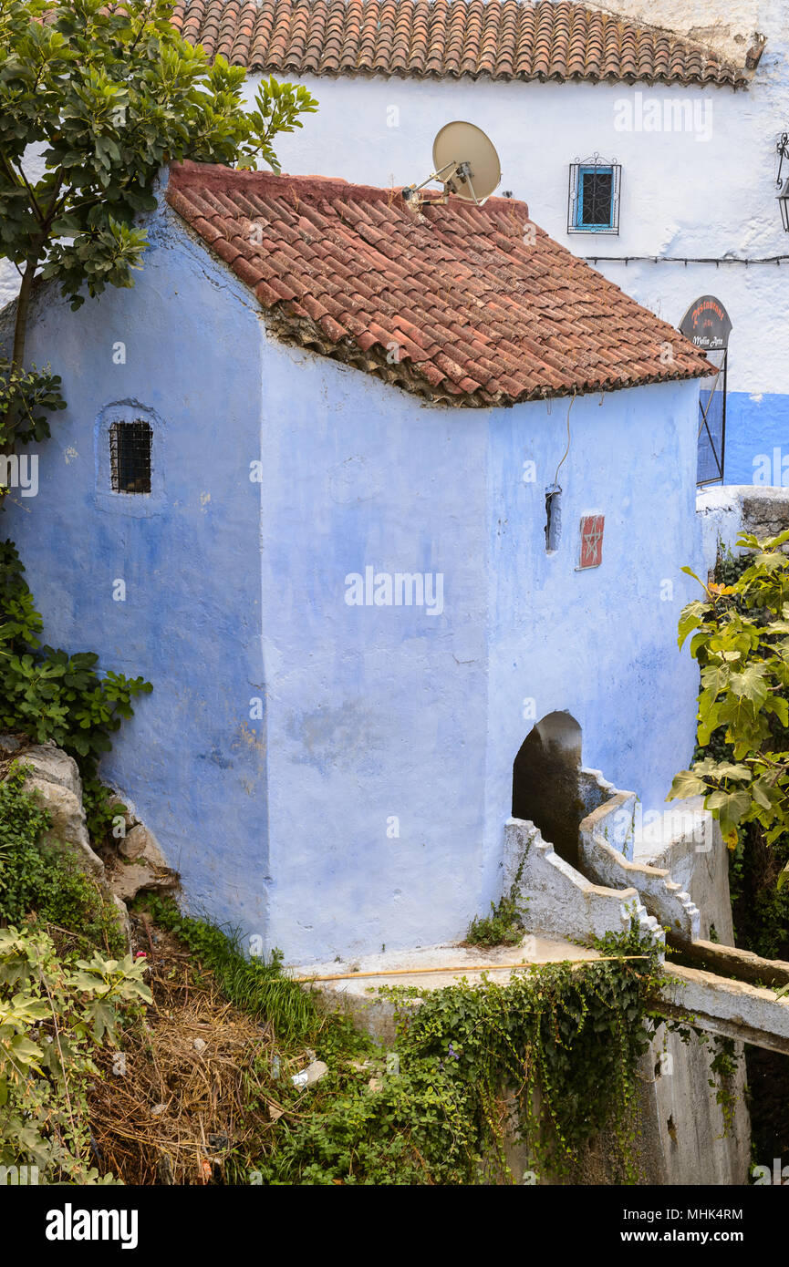 Blue painted walls of the houses in Chefchaouen, small town in ...