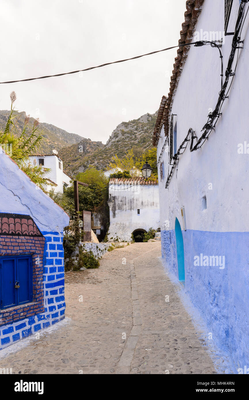 Blue painted walls of the houses in Chefchaouen, small town in ...