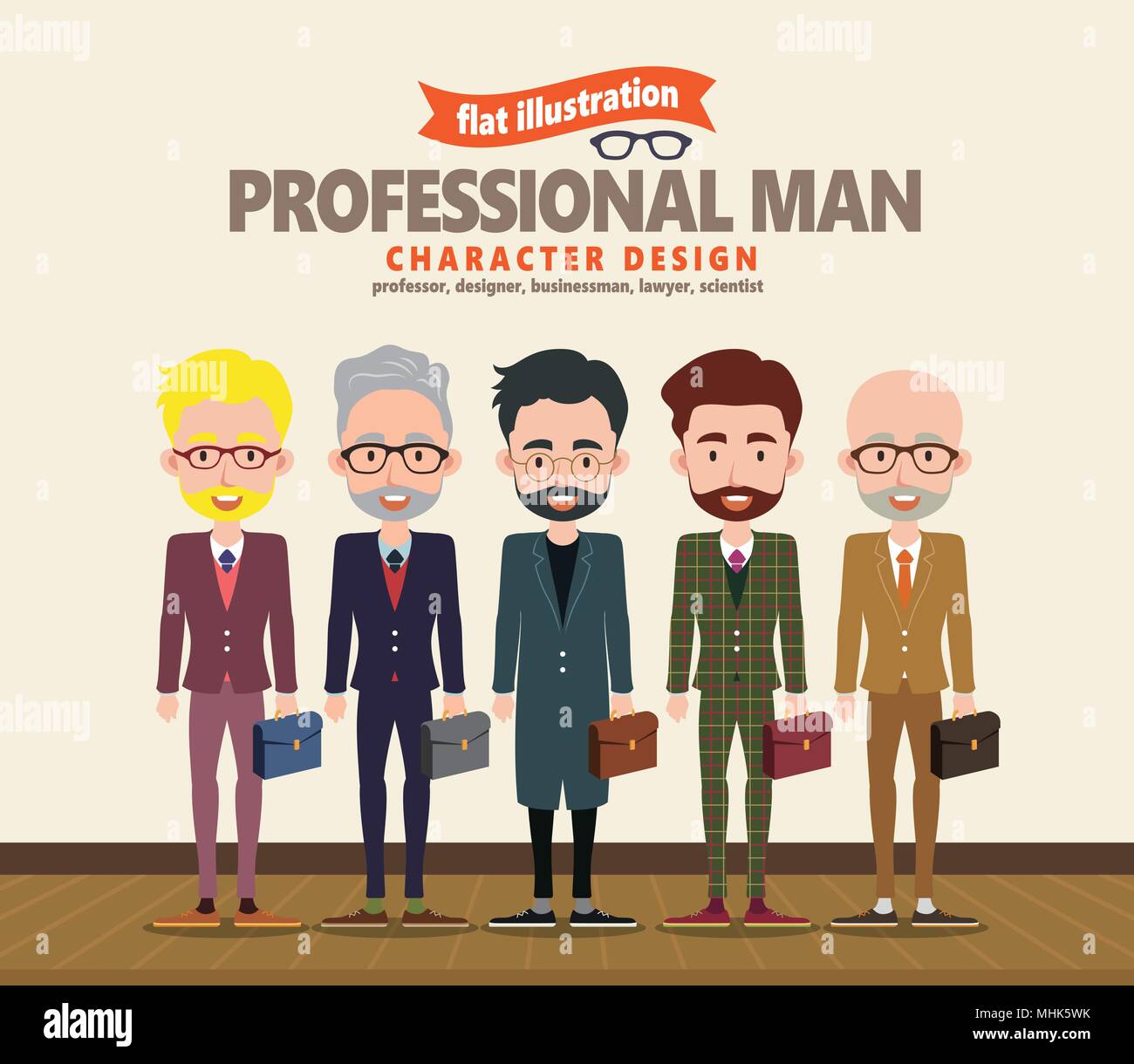 Professional man character in flat design, five different occupations ...