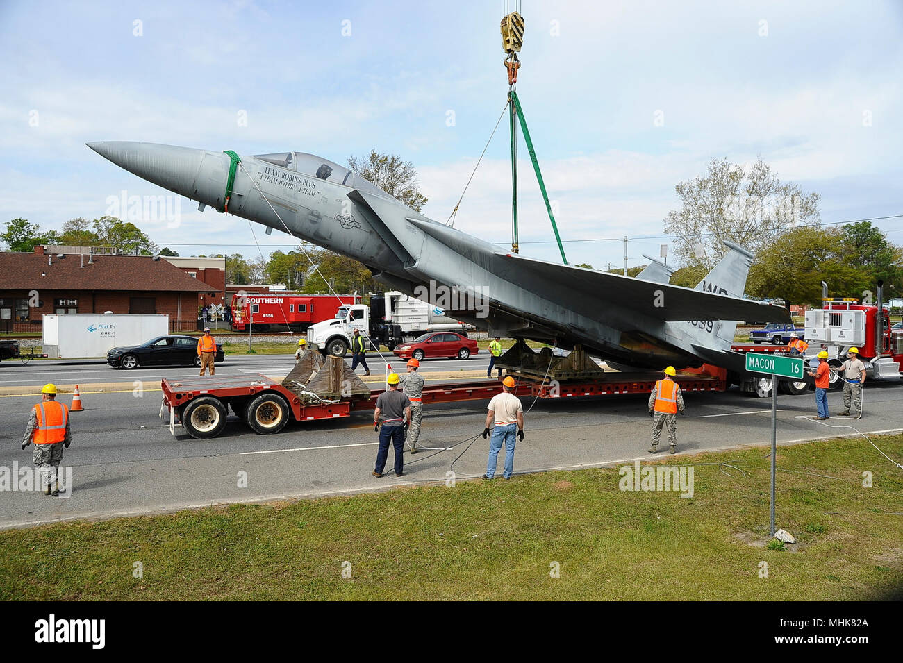 The F-15 displayed in front of Bldg. 215 was removed from its pedestal ...