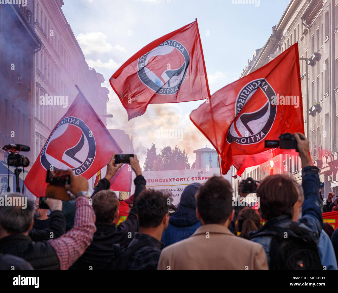 Berlin, Germany on May 1, 2018. Antifa Flags at the May Day ...