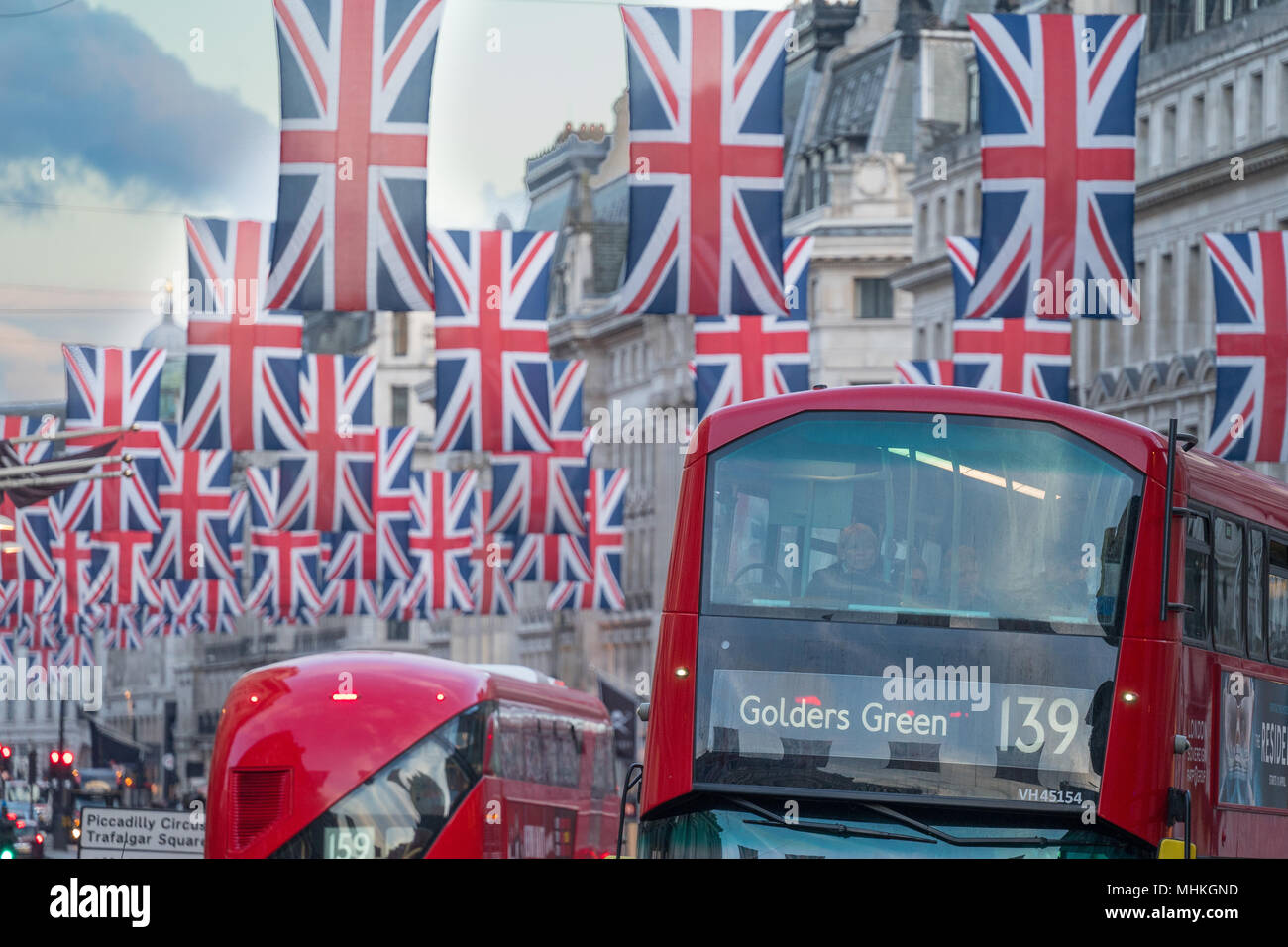 London, UK. 1st May 2018. Union Jack flags on display in Regent Street ...