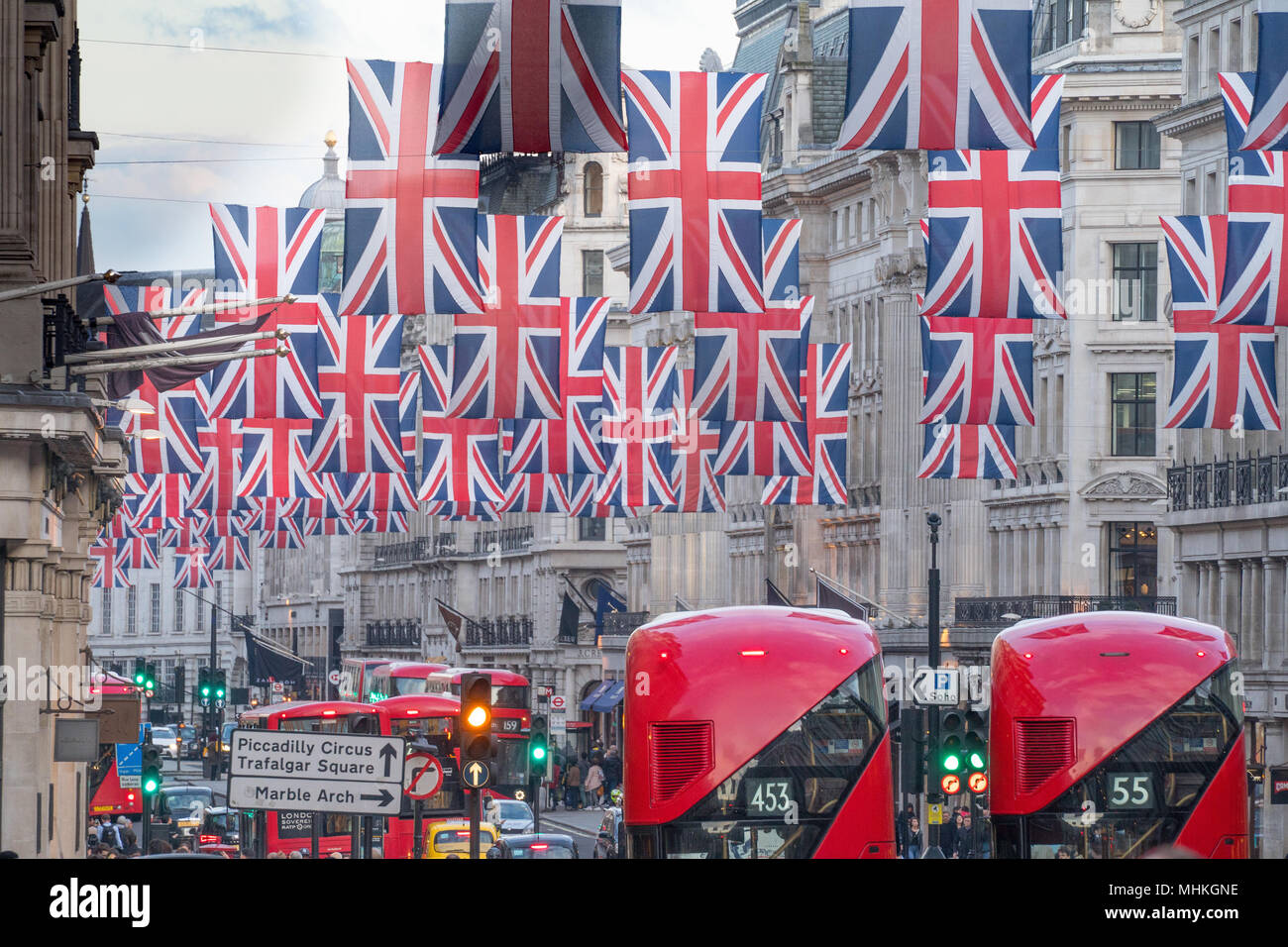 London, UK. 1st May 2018. Union Jack flags on display in Regent Street ...
