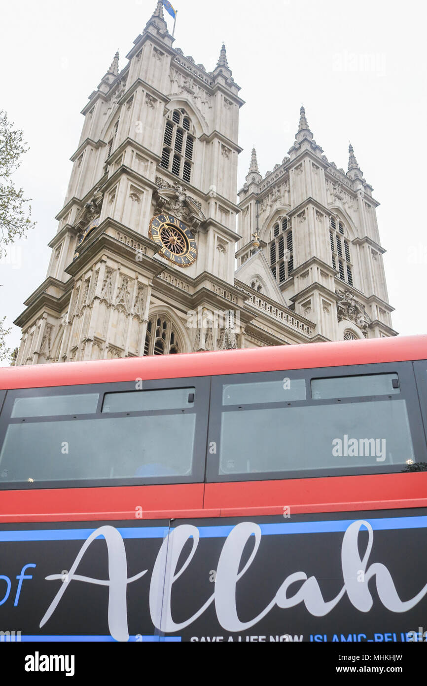 London UK. 2nd May 2018. A red bus with an advertising message "For the ...