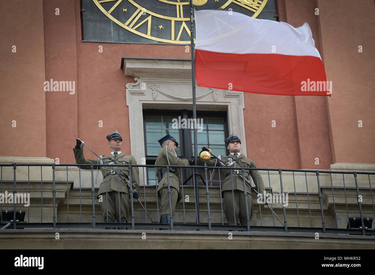 Warsaw, Poland. 2nd May, 2018. A Polish natinal flag is raised at Royal ...