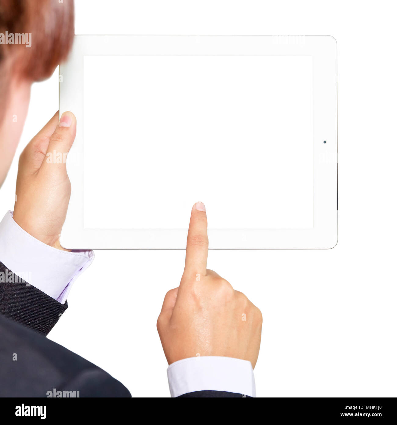 Business woman holding a touchpad pc (no face) on white background ...
