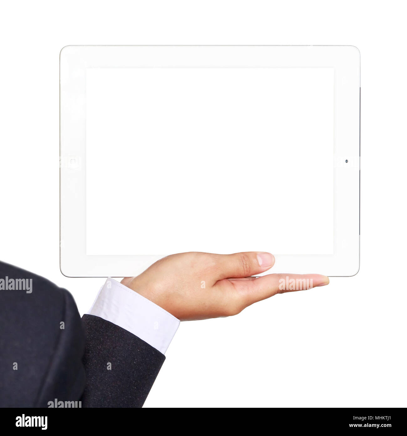 Business woman holding a touchpad pc (no face) on white background ...