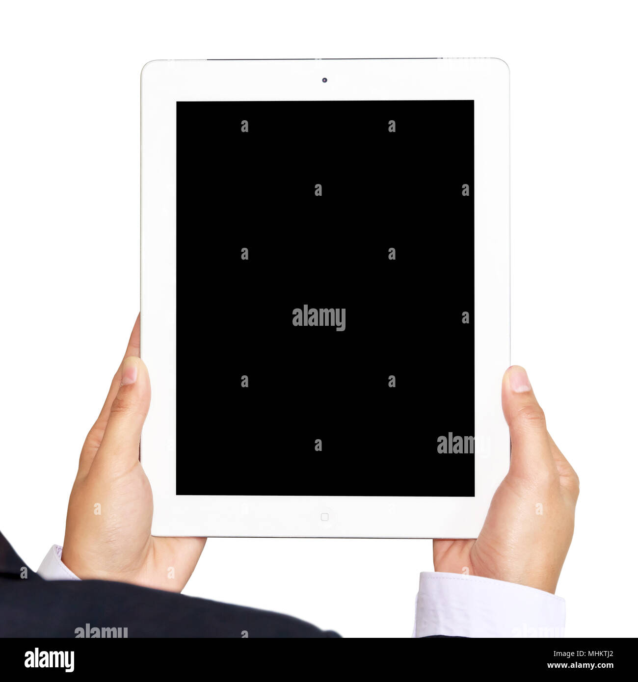 Business woman holding a touchpad pc (no face) on white background ...