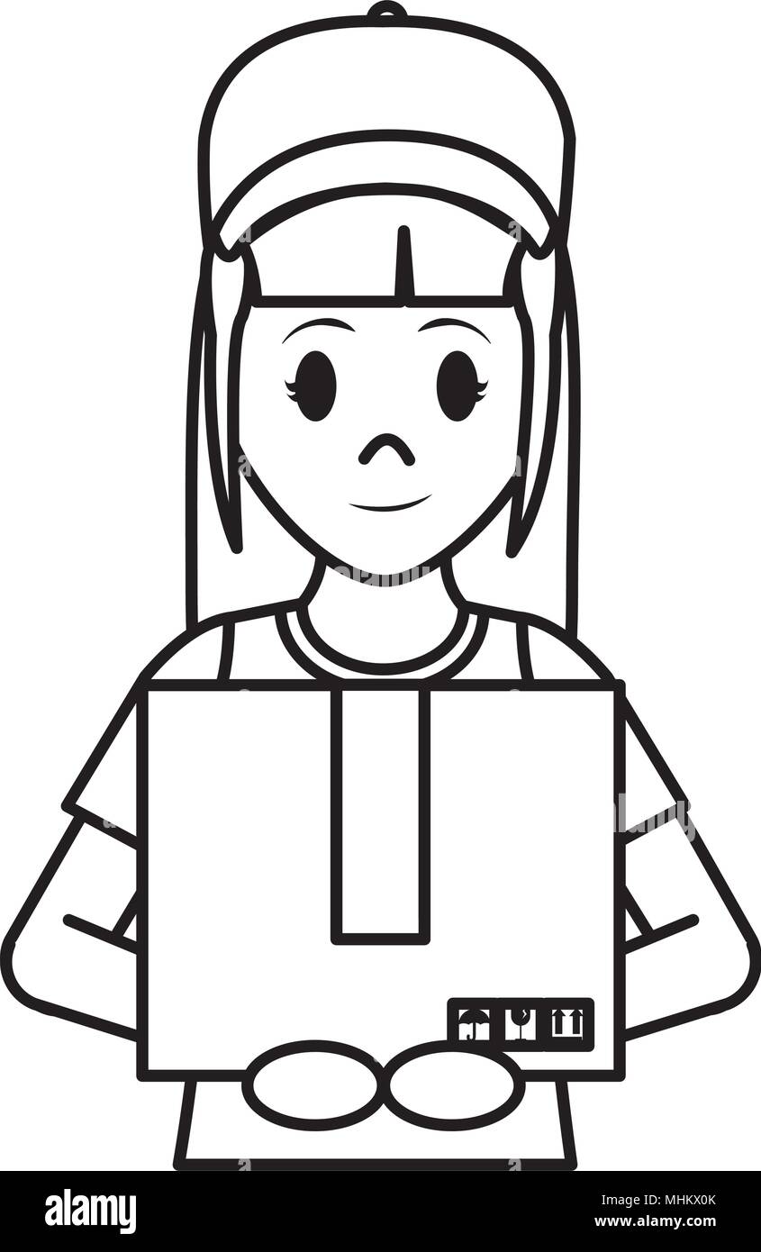 line delivery woman with cap and box package Stock Vector Image & Art ...