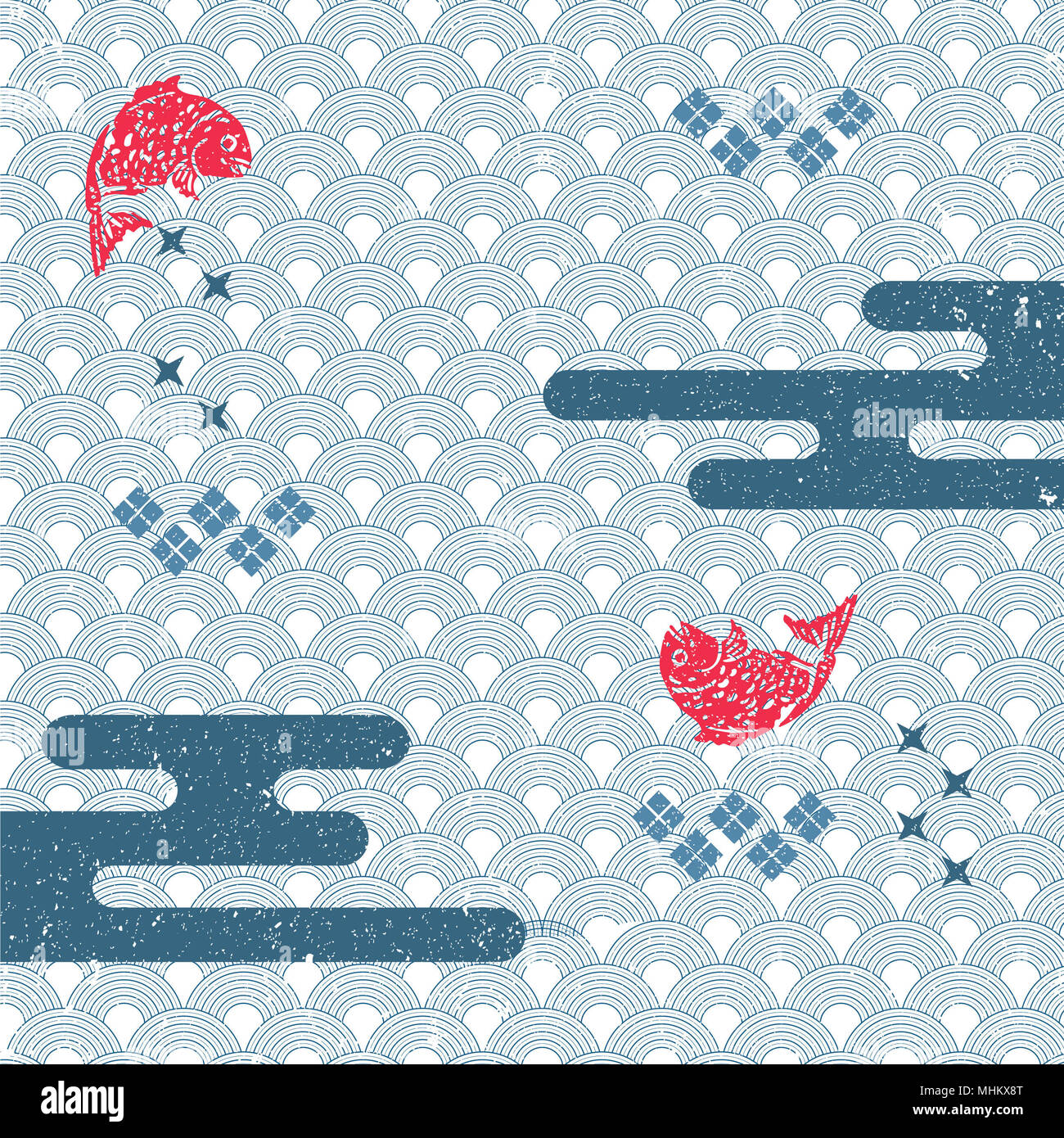 Japanese pattern vector. Wave in the sea with red fish background Stock ...