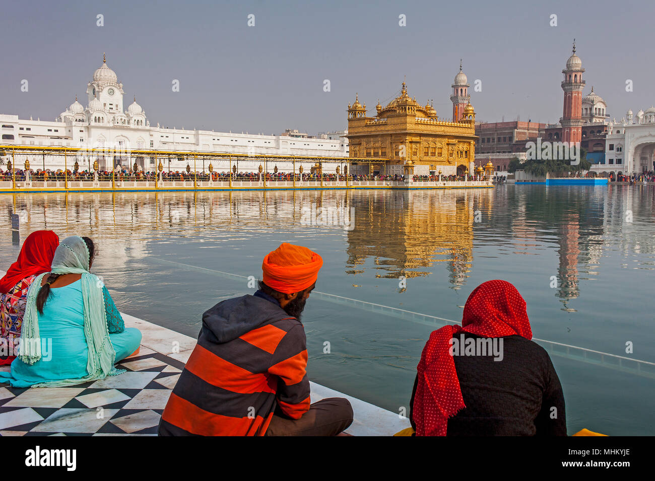 pilgrims and sacred pool Amrit Sarovar, Golden temple, Amritsar, Punjab ...