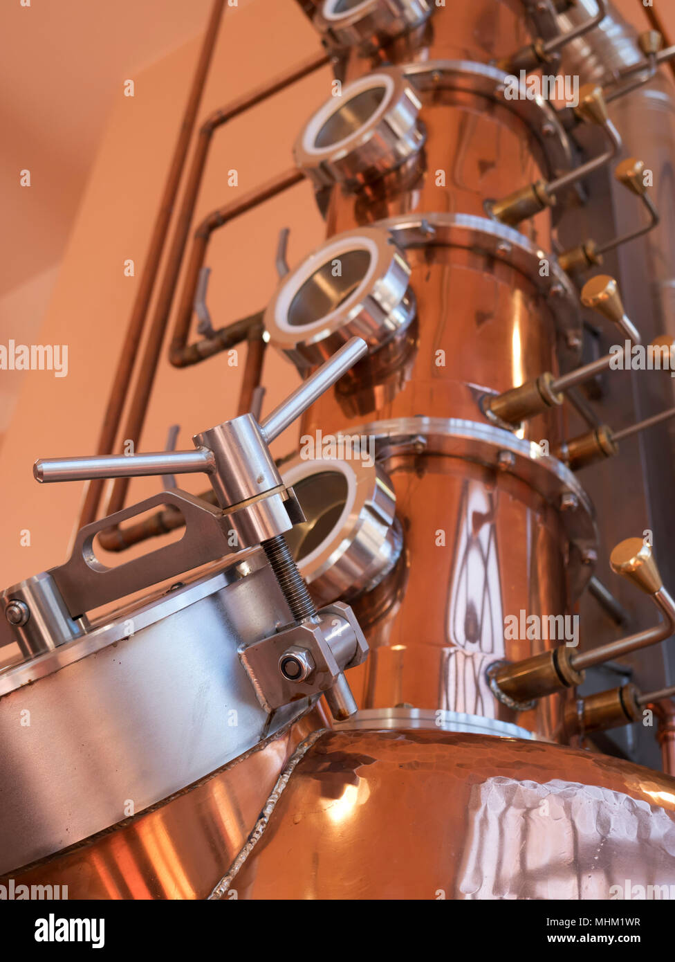 alembic still for making alcohol inside distillery, destilling spirits ...