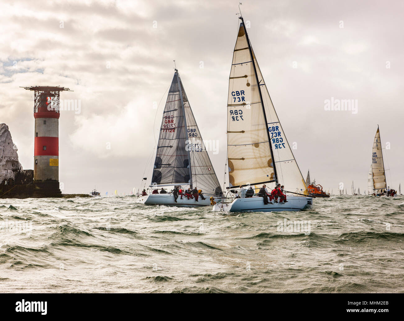 Sailing yachts around the Needles lighthouse during Round the Island ...