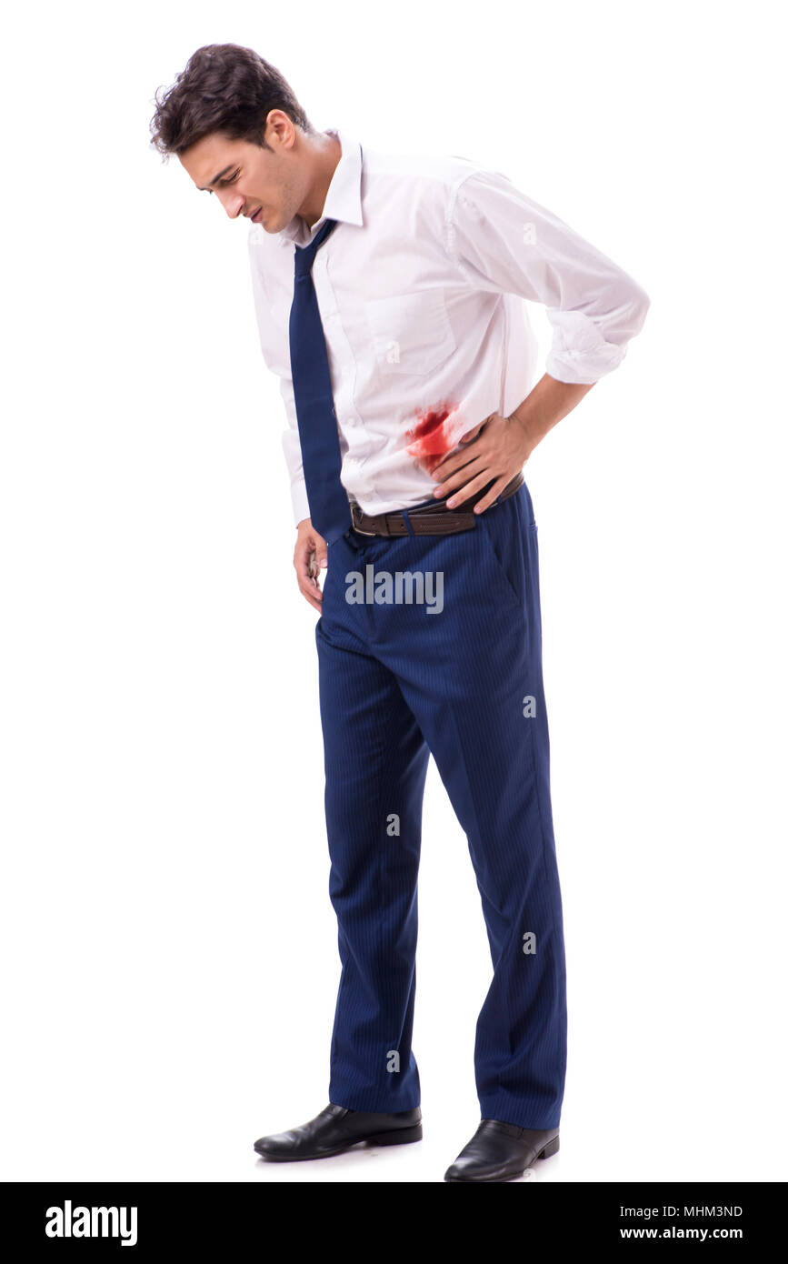 Wounded businessman with blood stains isolated on white background ...