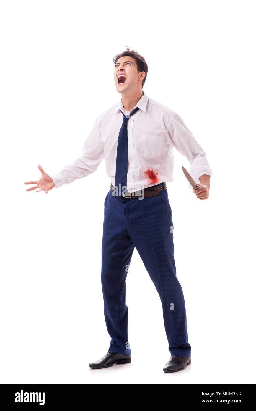 Wounded businessman with blood stains isolated on white background ...