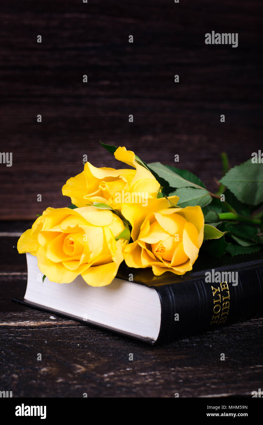Yellow roses laying on a Bible, wooden background. Free space for your ...