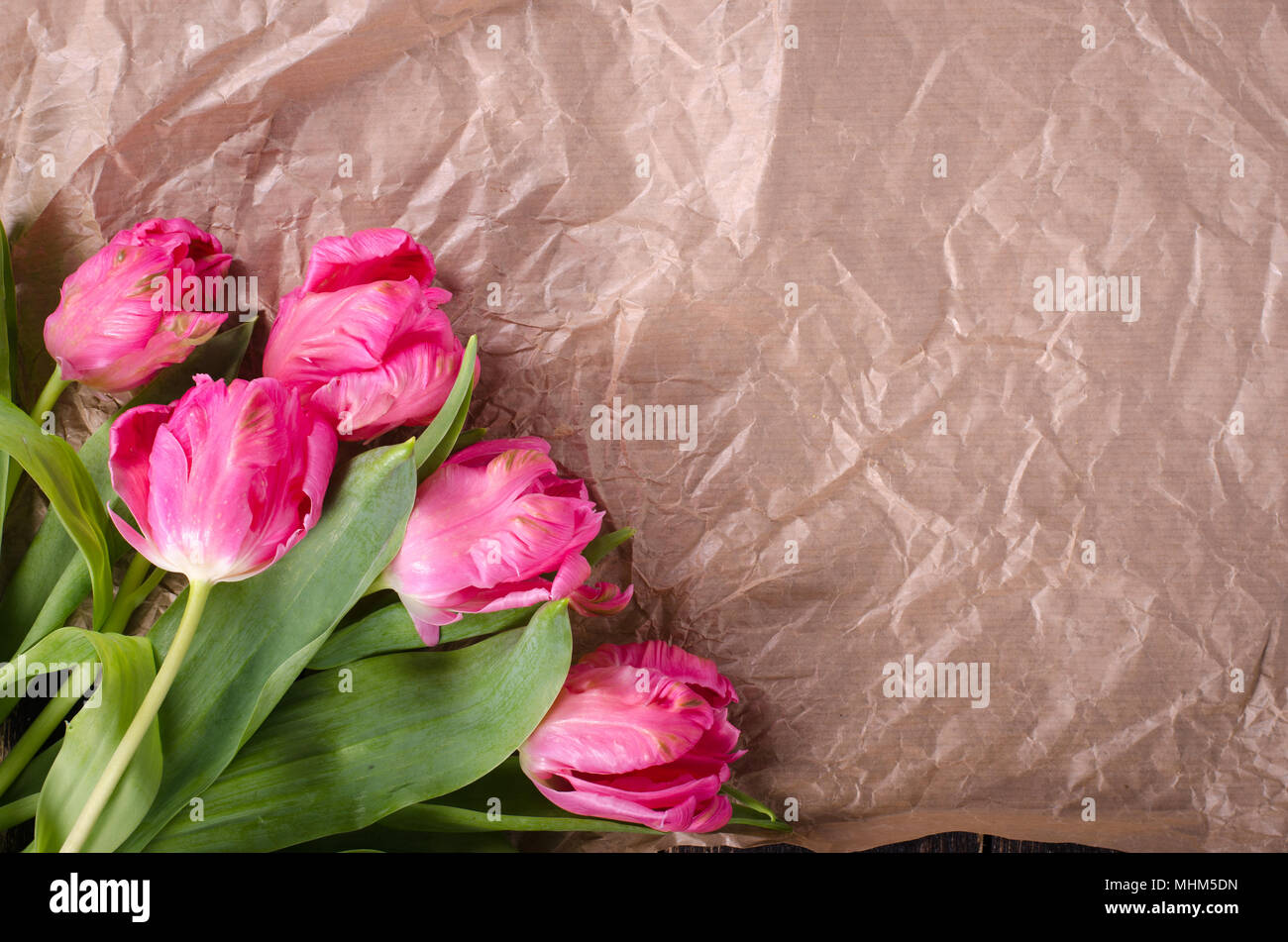 Beautiful bouquet of pink tulips on craft paper. Free space for your ...