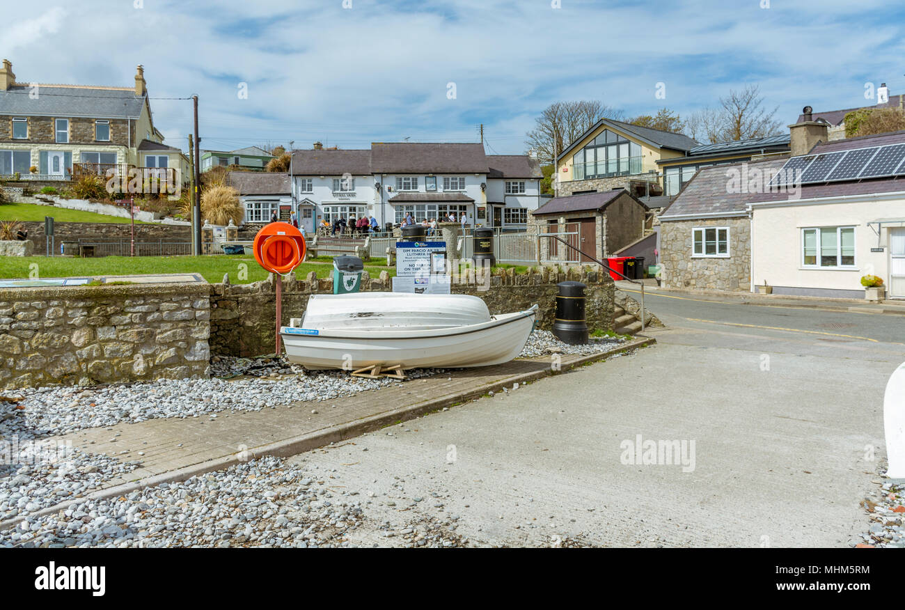 A view from the seafront at Moelfre, a fishing village on Anglesey ...