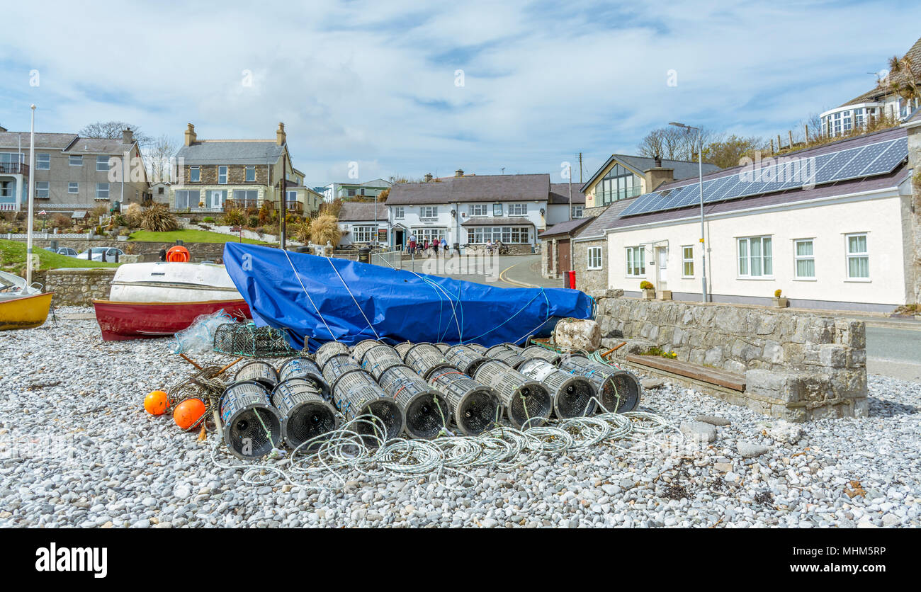 A view from the seafront at Moelfre, a fishing village on Anglesey ...
