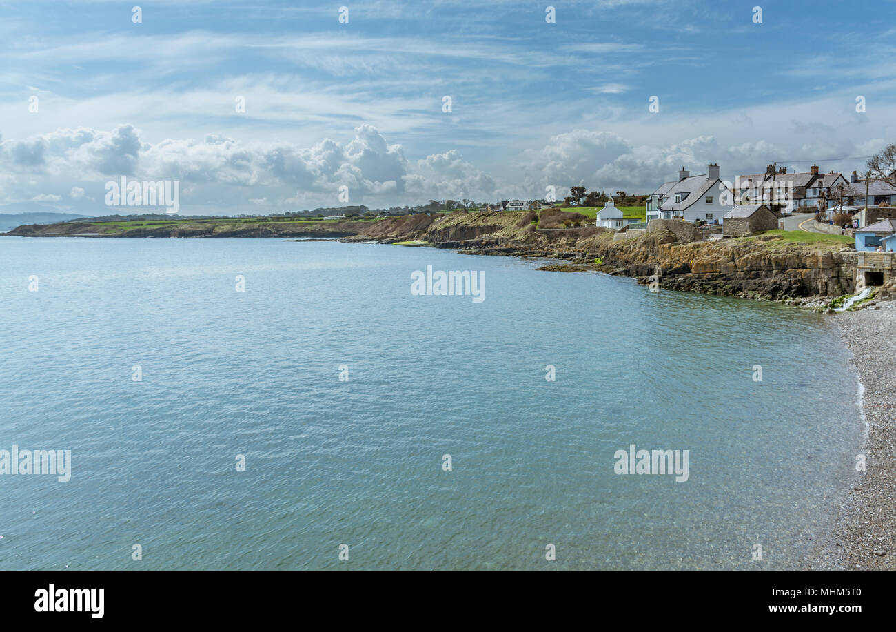 A view from the seafront at Moelfre, a fishing village on Anglesey ...