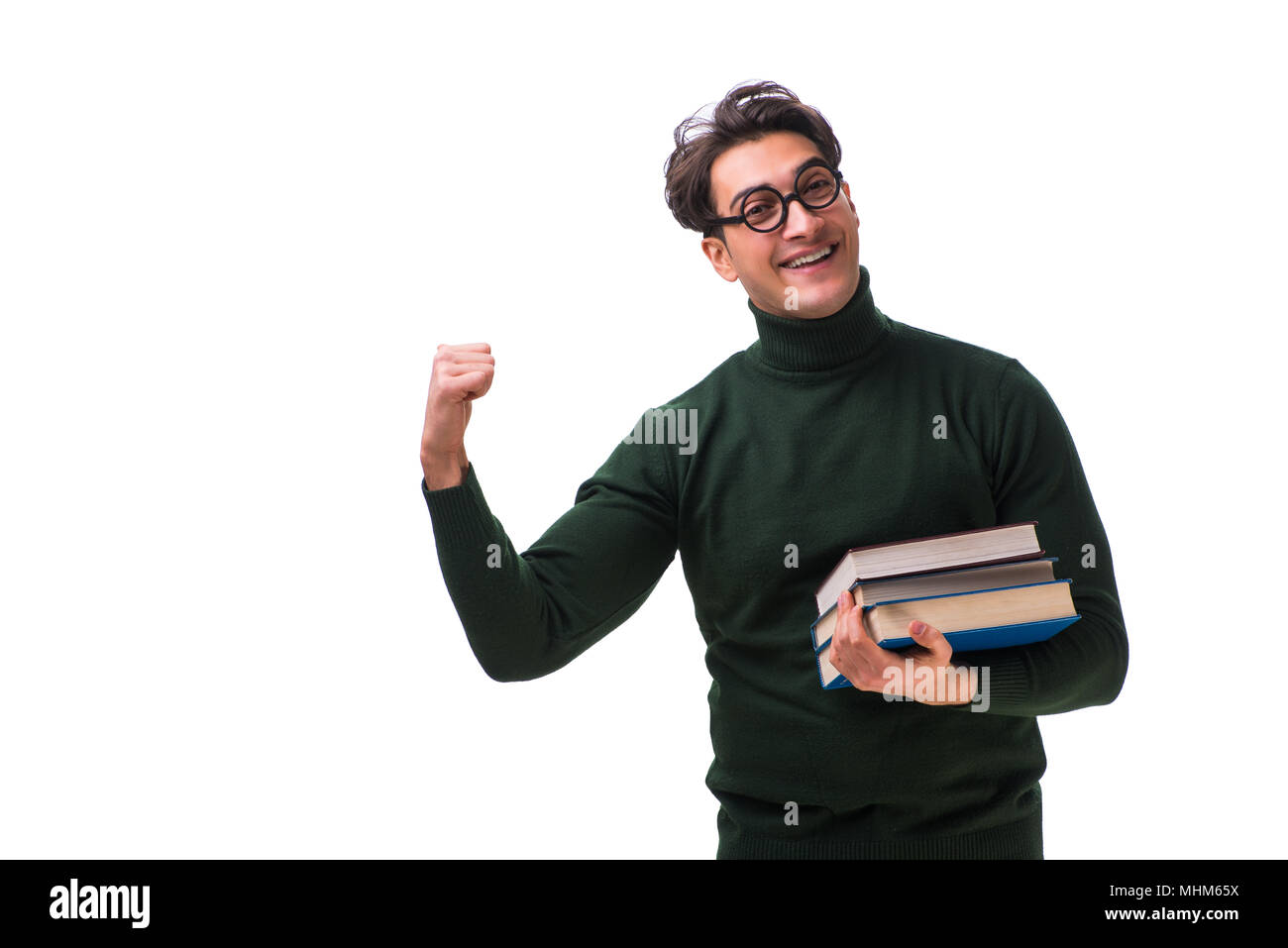 Nerd young student with books isolated on white Stock Photo - Alamy