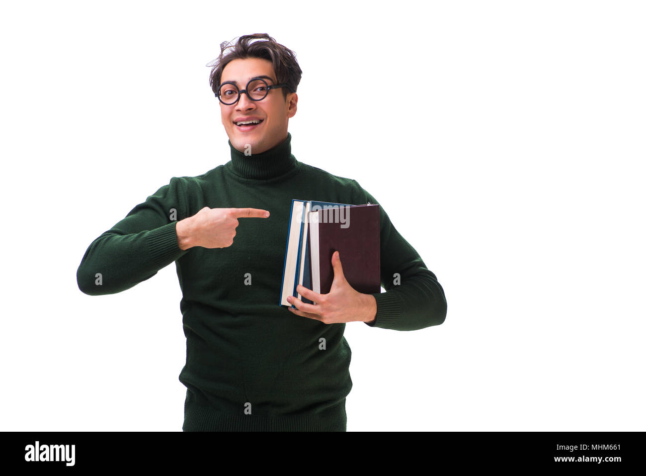 Nerd young student with books isolated on white Stock Photo - Alamy