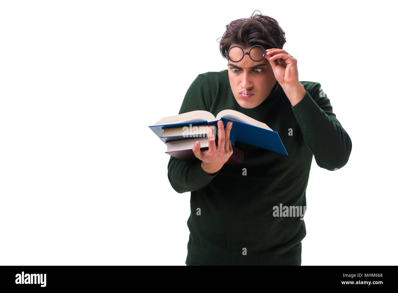 Nerd young student with books isolated on white Stock Photo - Alamy