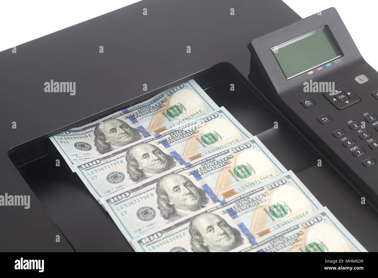 Printer and dollar bills isolated on a white background Stock Photo - Alamy
