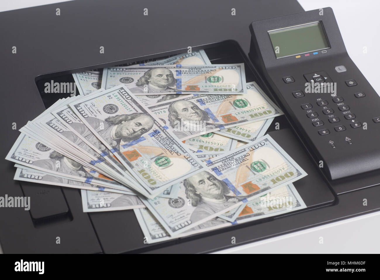 Printer and dollar bills isolated on a white background Stock Photo - Alamy