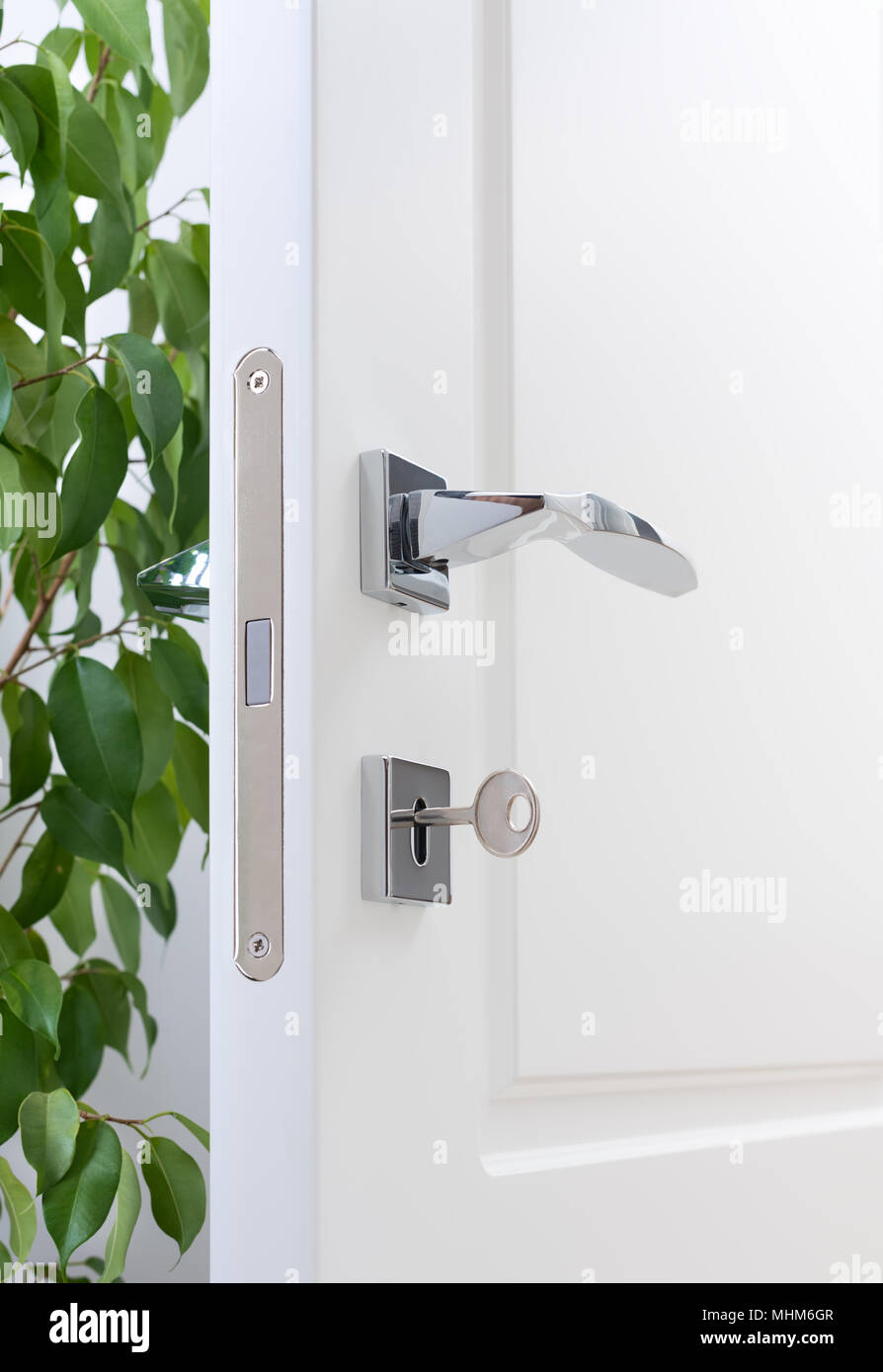 Closeup of door fittings. A white door with modern chrome handles, door ...