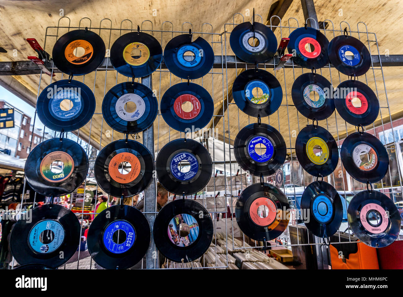 7 Inch vinyl records on display on a market stall, Amsterdam ...