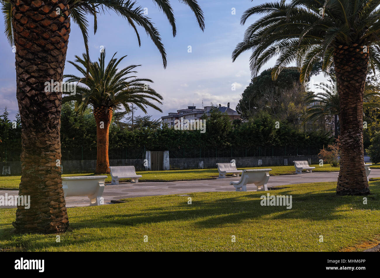 Public benches at village Laredo park. Región of Cantabria, Spain ...