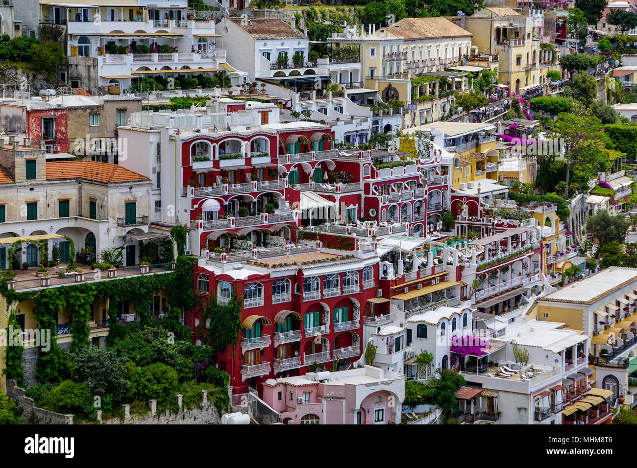 Closeup of colorful buildings in Positano, Amalfi Coast, Italy Stock ...