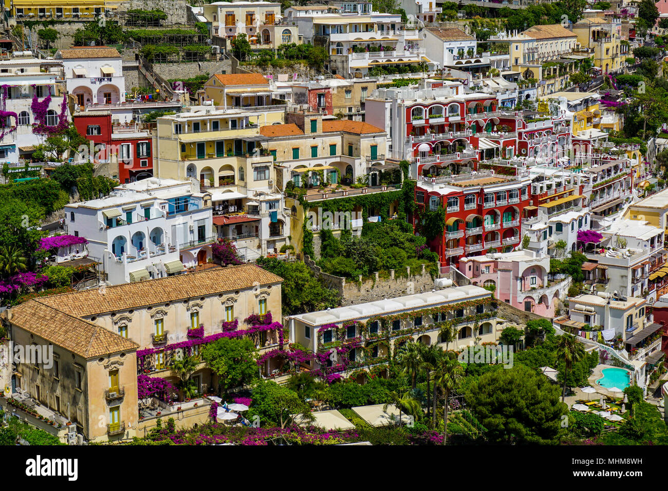 Closeup of colorful buildings in Positano, Amalfi Coast, Italy Stock ...