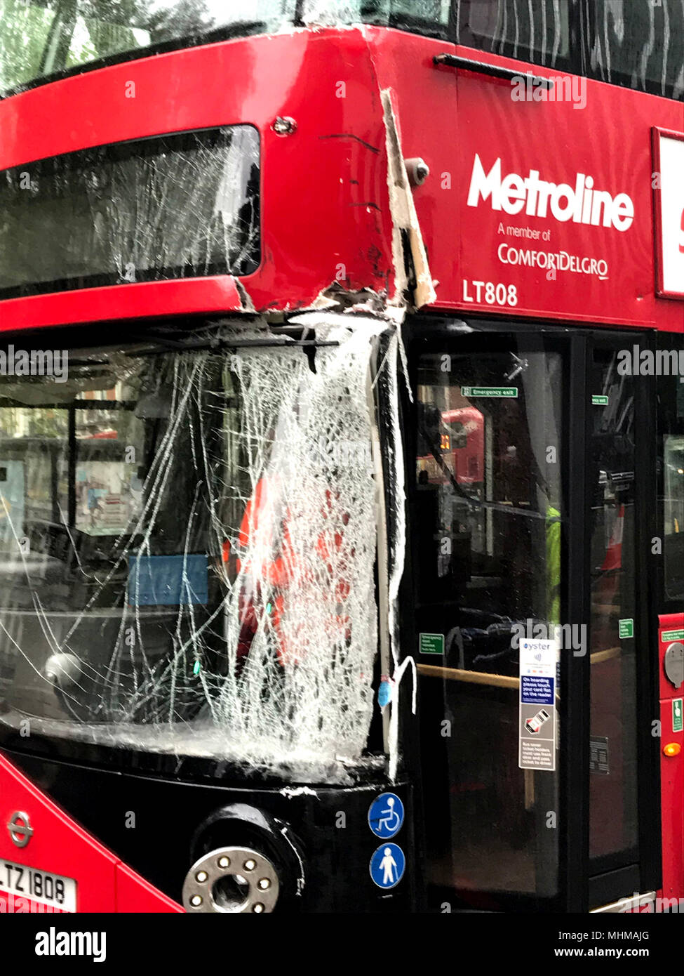 Damage to a bus that was in collision with lamp post near Victoria ...