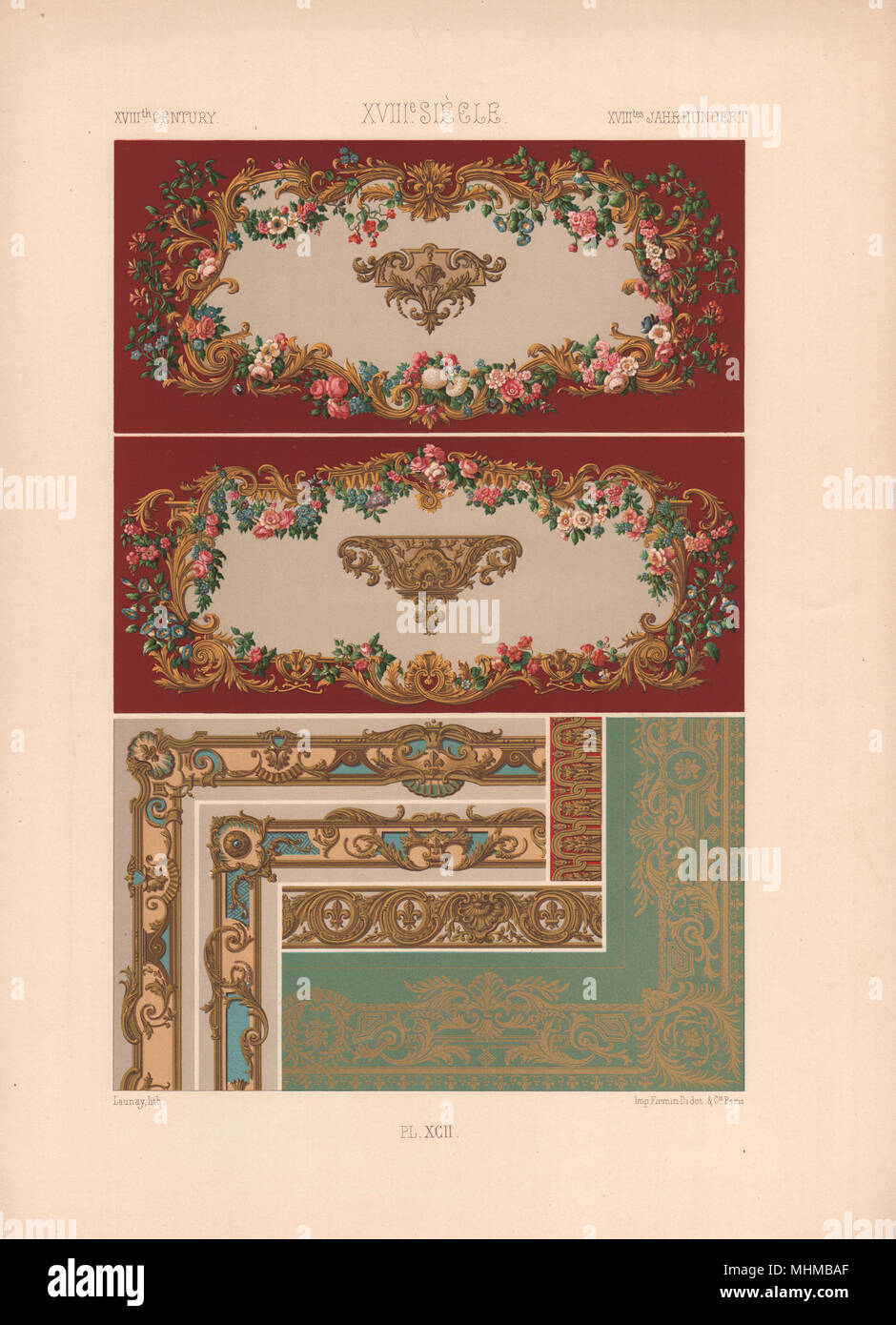 RACINET ORNEMENT POLYCHROME 92 18th century Rococo arts patterns motifs ...