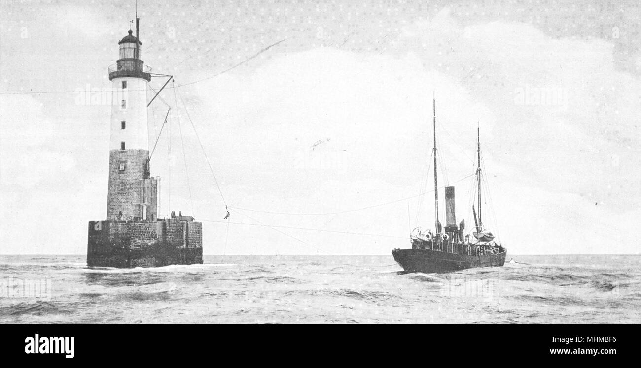 FINISTÈRE. Ravitaillement du Phare D'armen 1900 old antique print ...