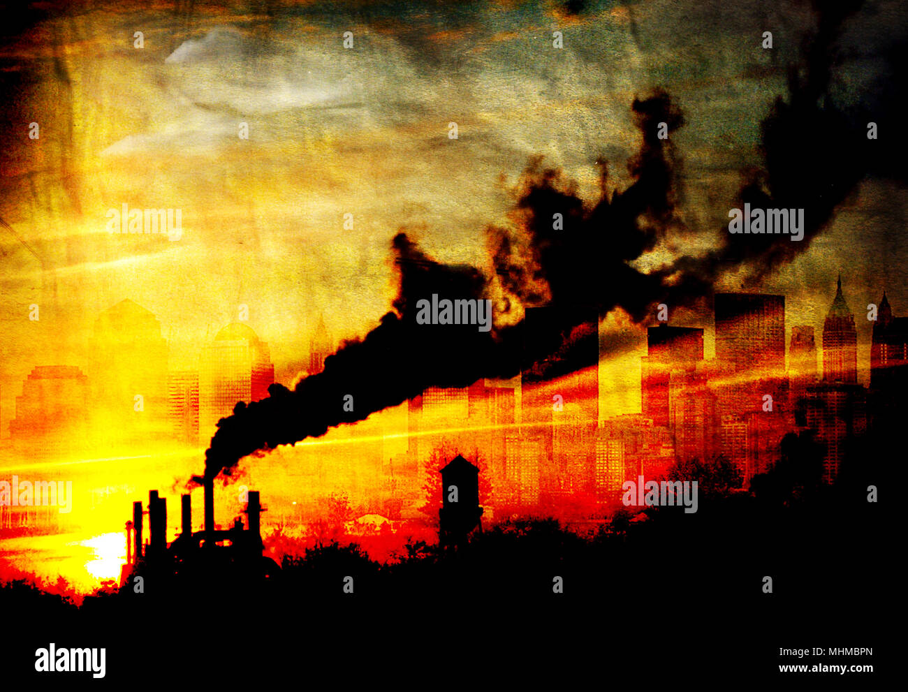 Smoke over Manhattan. Night scene Stock Photo - Alamy
