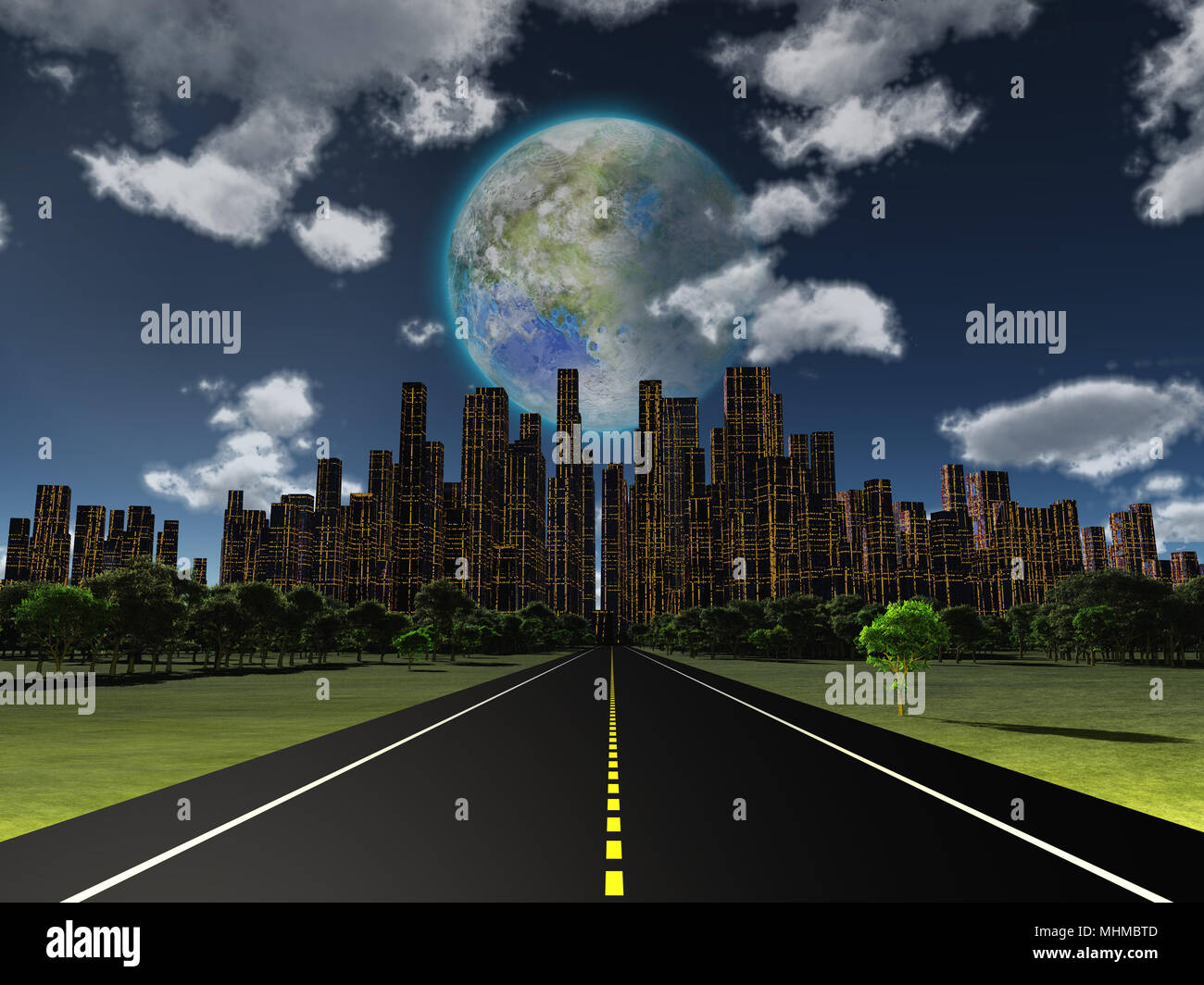 Night roadway to future city. Terraformed moon in the sky. 3D rendering ...