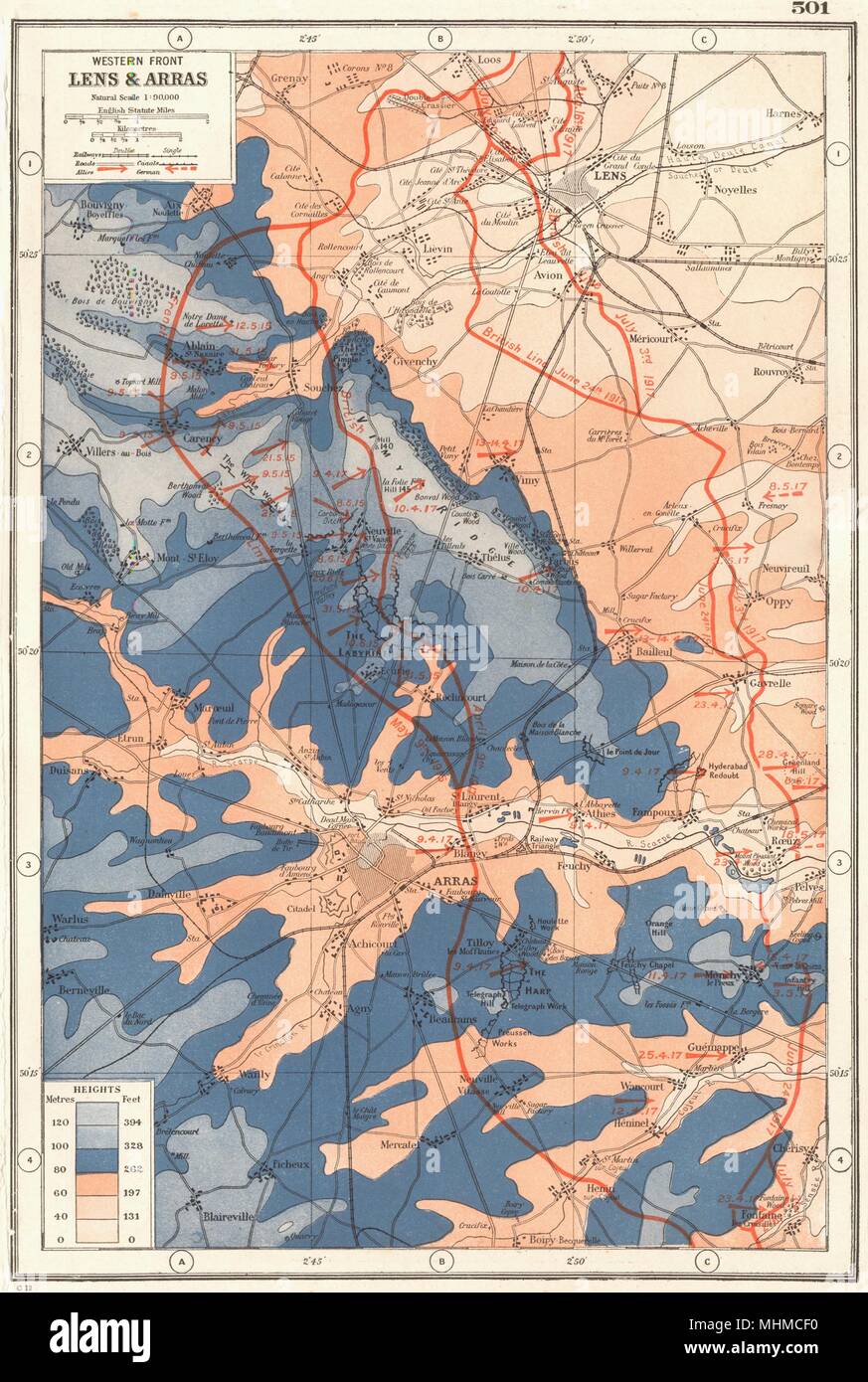 FIRST WORLD WAR WESTERN FRONT. Lens & Arras. 1915-17 battle lines. WW1 ...